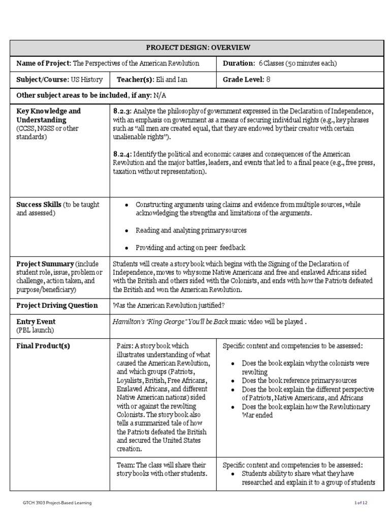 PBL Lesson Plan: American Revolution | PDF | Project Based Learning ...