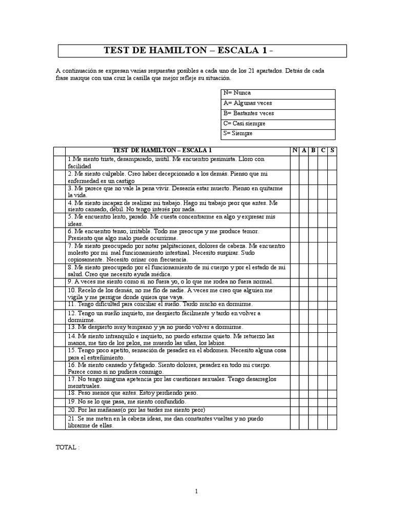 Test de Hamilton Escala 1 | Descargar gratis PDF | Enfermedades y ...