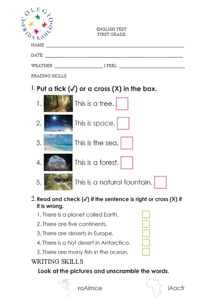 English Test 1ST Grade | PDF
