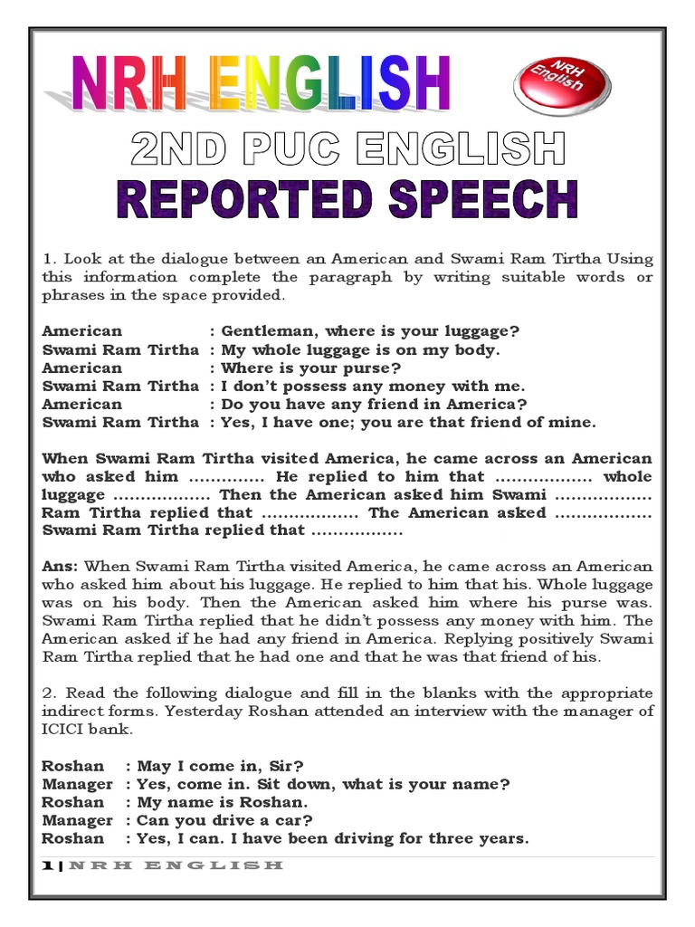 Reported Speech Worksheet 2021 | PDF | Language Arts & Discipline