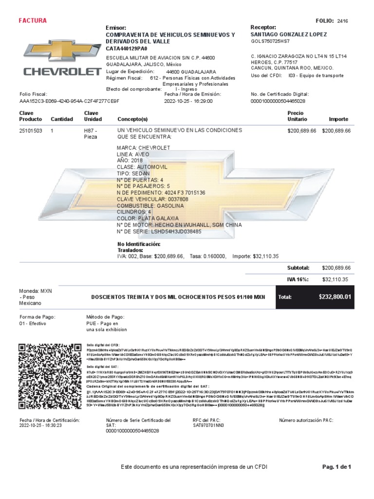 Factura CHEVROLET | PDF | Transporte | Vehículos