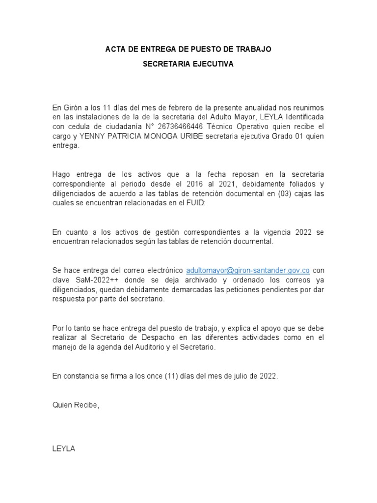 Acta de Entrega de Puesto de Trabajo | PDF