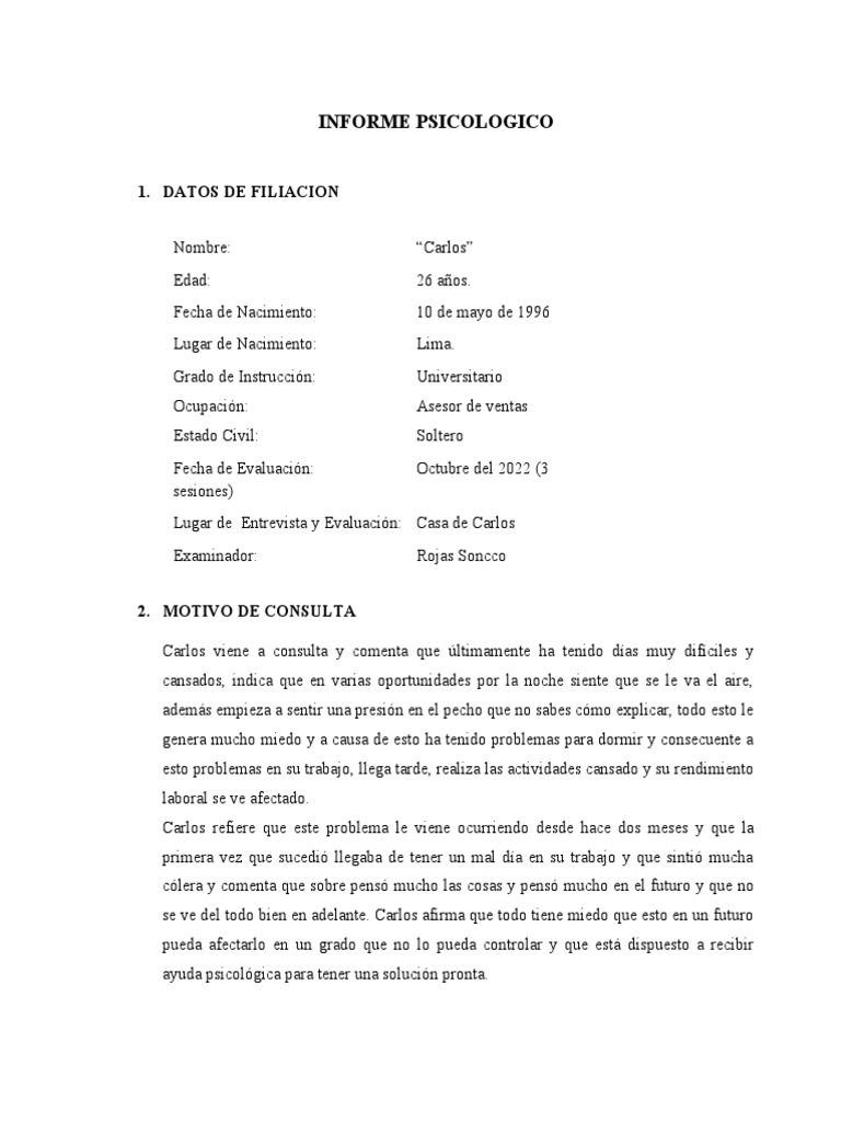 Informe Psicologico Ansiedad | PDF | Ansiedad | Ataque de pánico