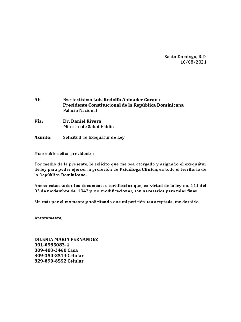 Carta Modelo de Solicitud de Exequátur | PDF