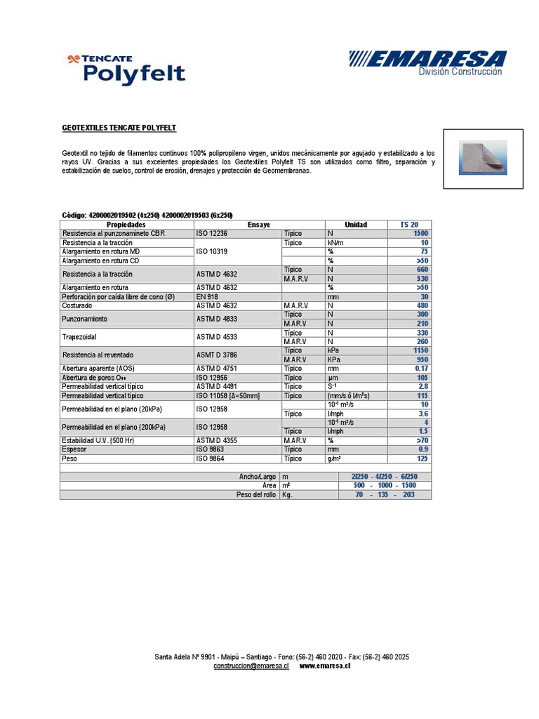 Geotextiles Polyfelt TS20: Propiedades y Usos | PDF