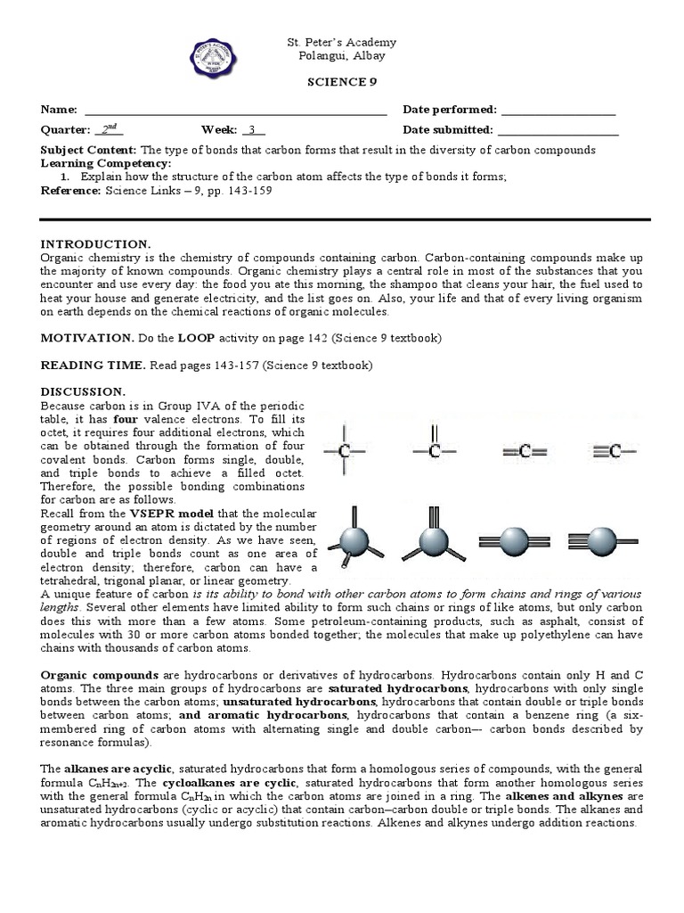 SCIENCE 9 Quarter 2 Week 3 | PDF | Alkene | Hydrocarbons