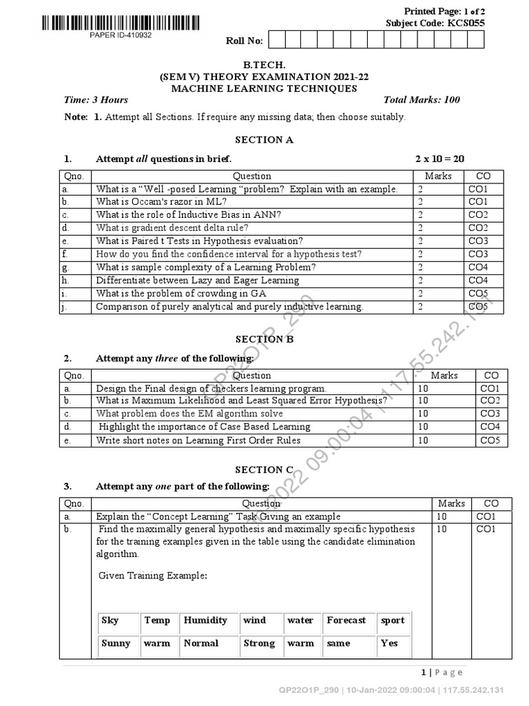 Btech Cs 5 Sem Machine Learning Techniques Kcs055 2022 Pdf Machine Learning Statistics 