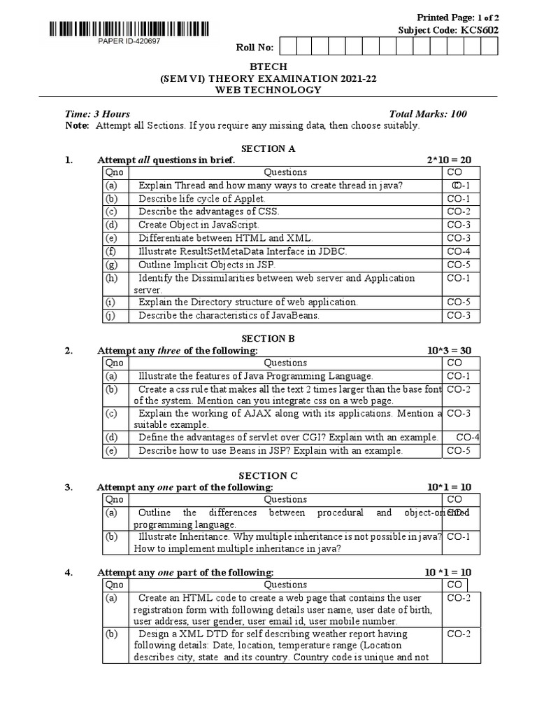 Btech Cs 6 Sem Web Technology Kcs602 2022 | PDF | World Wide Web ... Btech Cs 6 Sem Web Technology Kcs602 2022 | PDF | World Wide Web ...
