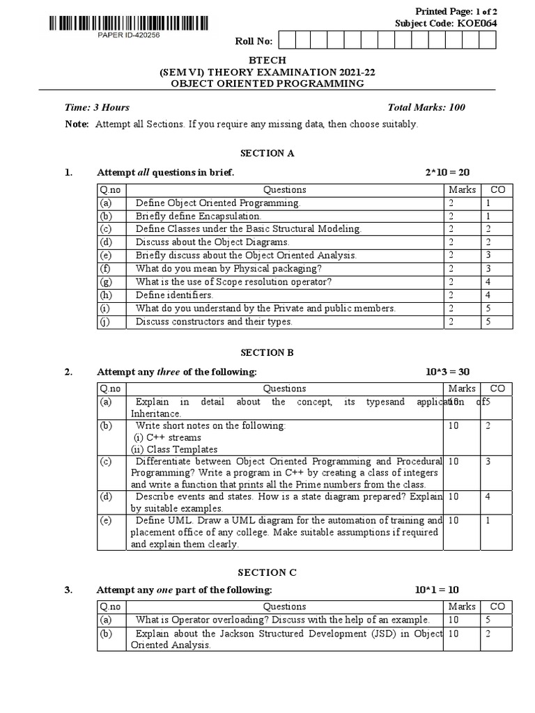 Btech Oe 6 Sem Object Oriented Programming Koe064 2022 | PDF | Computers