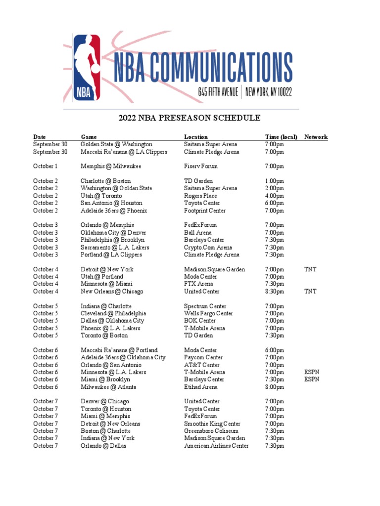 2022 NBA Preseason Schedule | PDF | Los Angeles Lakers | National Basketball Association