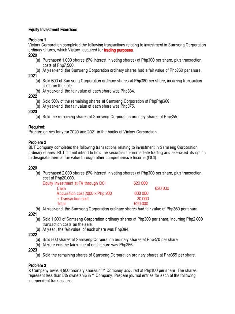 Equity Investment Transactions and Journal Entries | PDF | Dividend ...