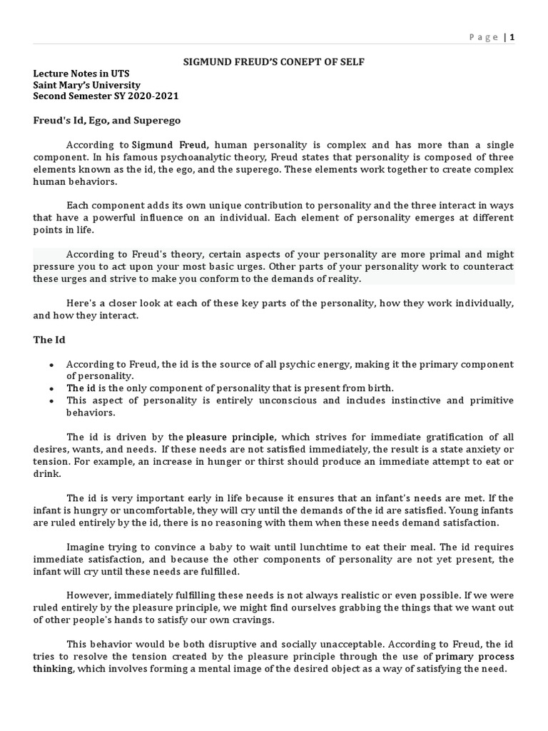 Sigmund Freuds Concept of Self | PDF | Id | Psychoanalytic Theory