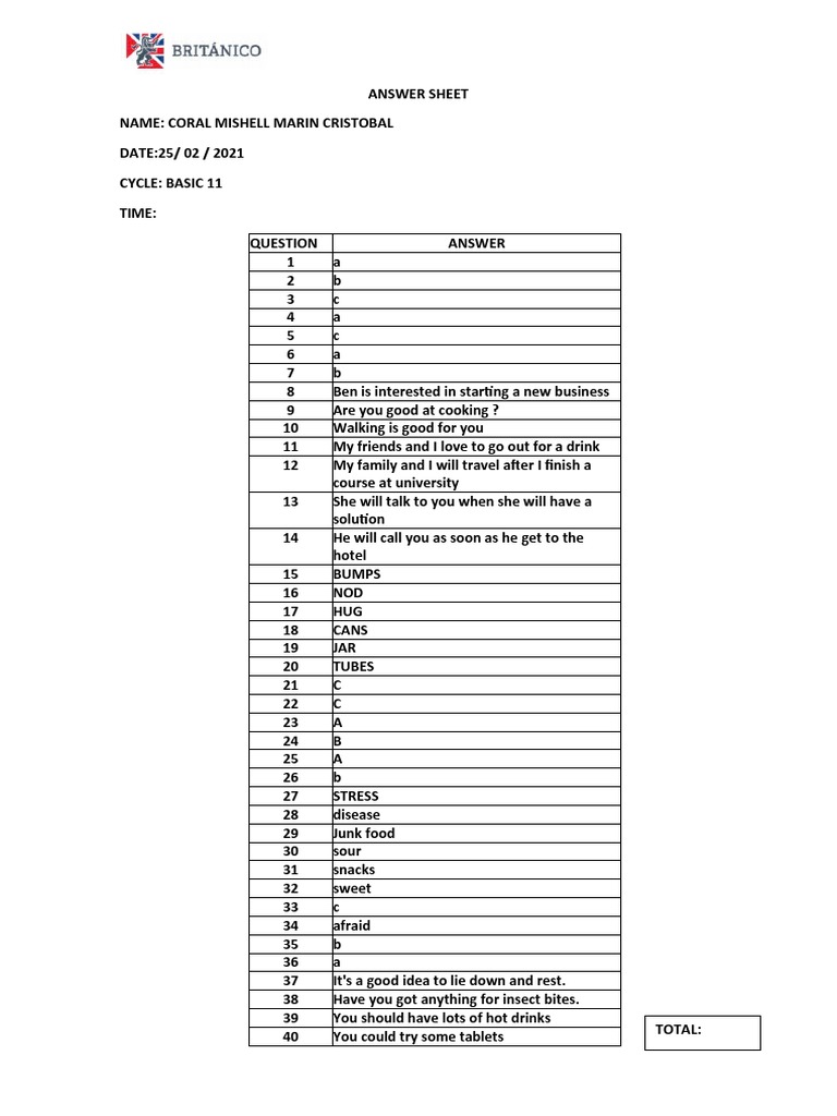 Britanico Answer Sheet Navigate Courses (2) Britanico Basic 11 | PDF
