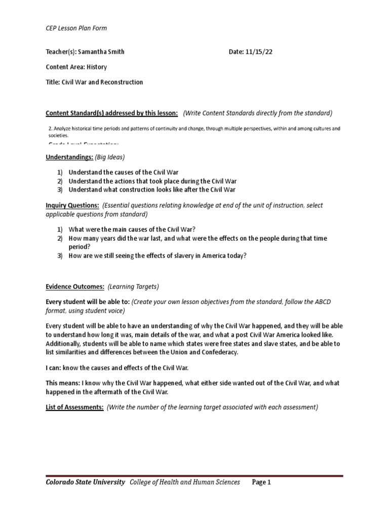 Cep Lesson Plan Civil War and Reconstruction | PDF