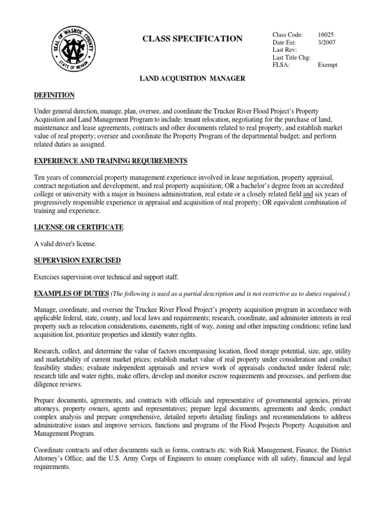 Class Specification: Land Acquisition Manager | PDF | Real Estate ...