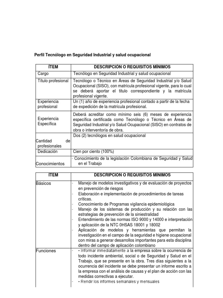 Perfil Siso | PDF | Seguridad y salud ocupacional | Higiene Ocupacional