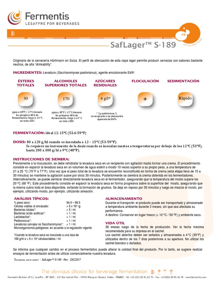 SafLager S 189 2 | PDF | Fermentación | Levadura