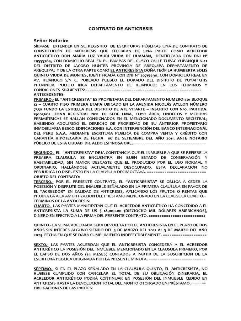 Contrato Anticresis Lima Dante 2021. | PDF | Derecho privado | Ley común
