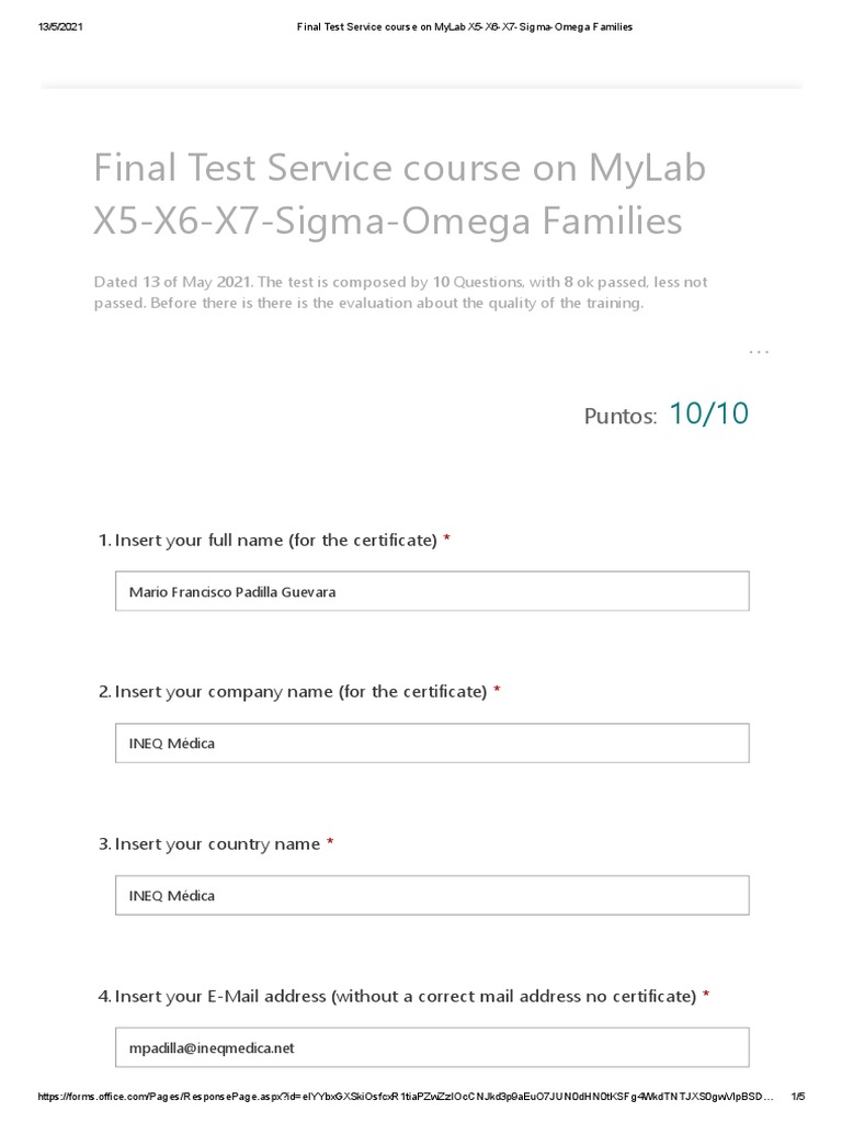 Final Test Service Course On MyLab X5-X6-X7-Sigma-Omega Families | PDF