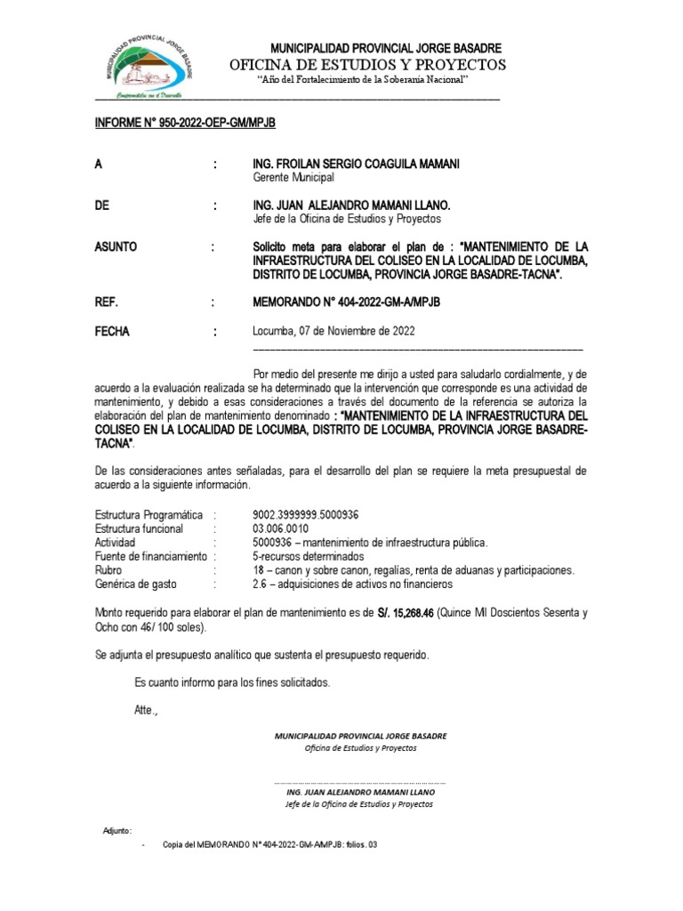Informe #950 - Solicito Meta Presupuestal para Elaborar El Plan de Mantenimiento Coliseo Locumba ...