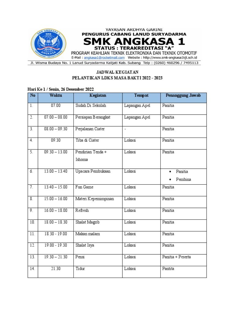 Jadwal Kegiatan Pelantikan Ldks | PDF
