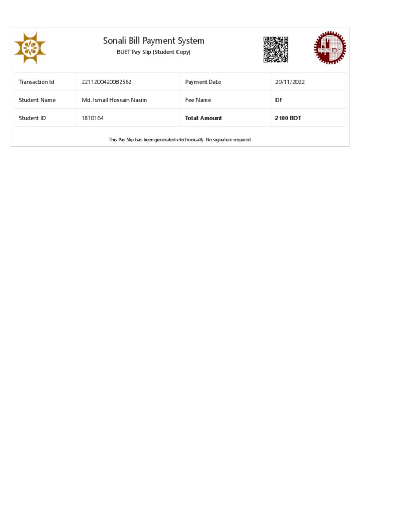 Sonali Bill Payment System: BUET Pay Slip (Student Copy) | PDF