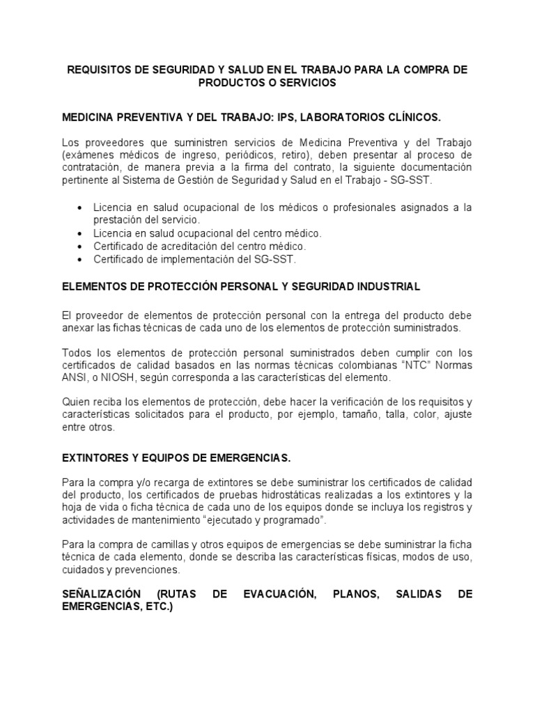 Requisitos de Seguridad y Salud en El Trabajo para La Compra de ...