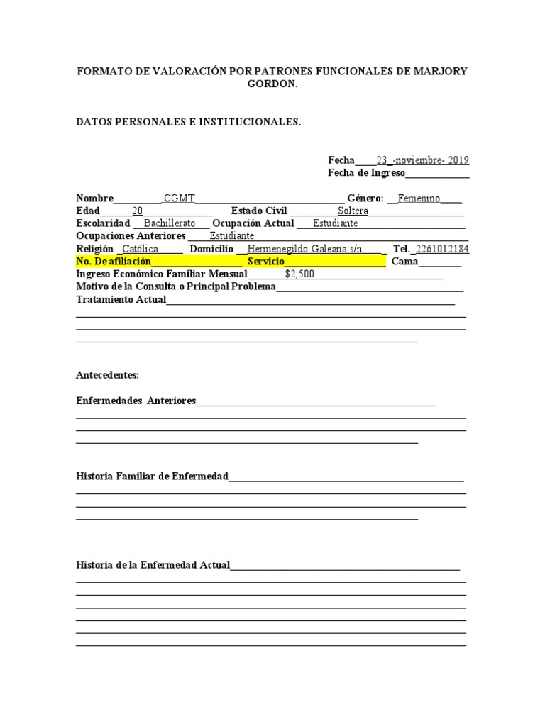 Formato de Valoración Por Patrones Funcionales de Marjory Gordon | PDF