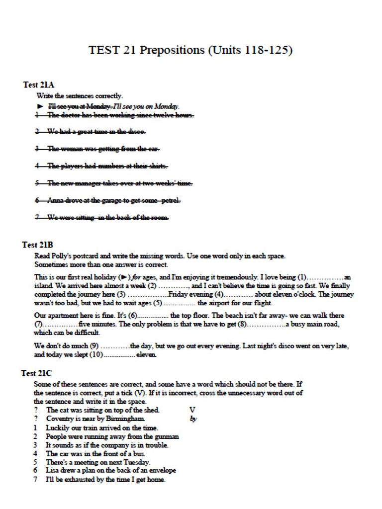 Test On Prepositions | PDF
