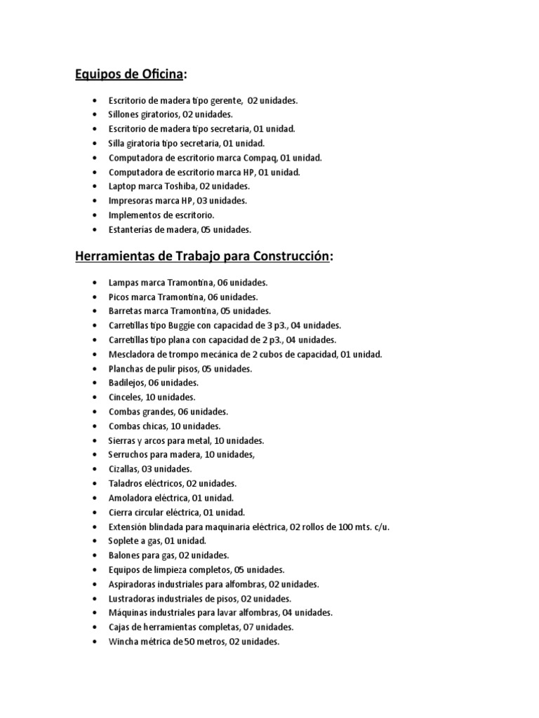 Lista de Equipos y Herramientas | Descargar gratis PDF | Materiales | Equipo de oficina