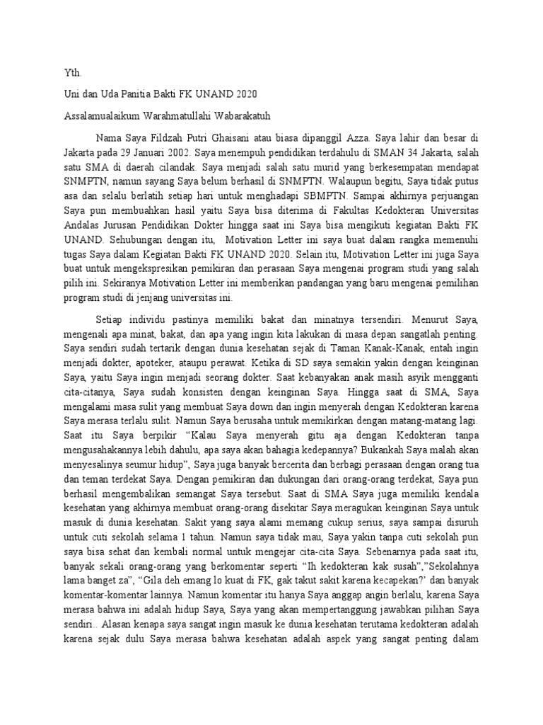Motivation Letter Fildzah FK UNAND 2020 | PDF | Gaya Hidup
