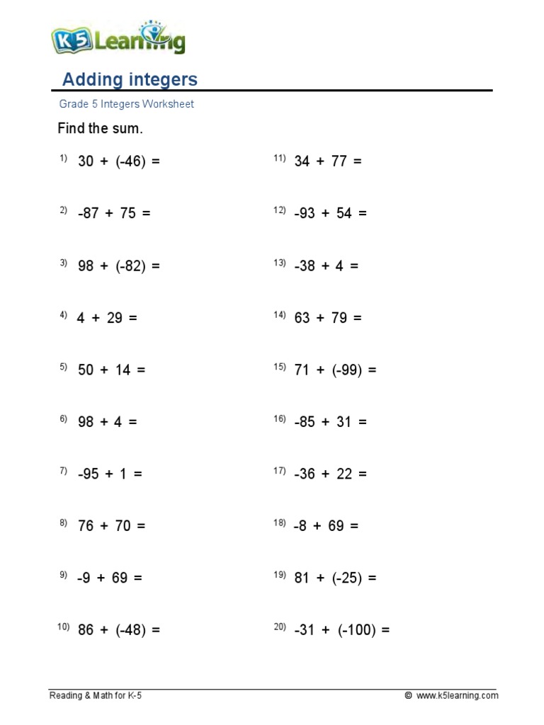 Grade 5 Integers Addition B | PDF