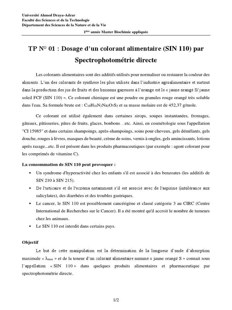 Dosage du colorant SIN 110 par spectrophotométrie | PDF | Chimie ...