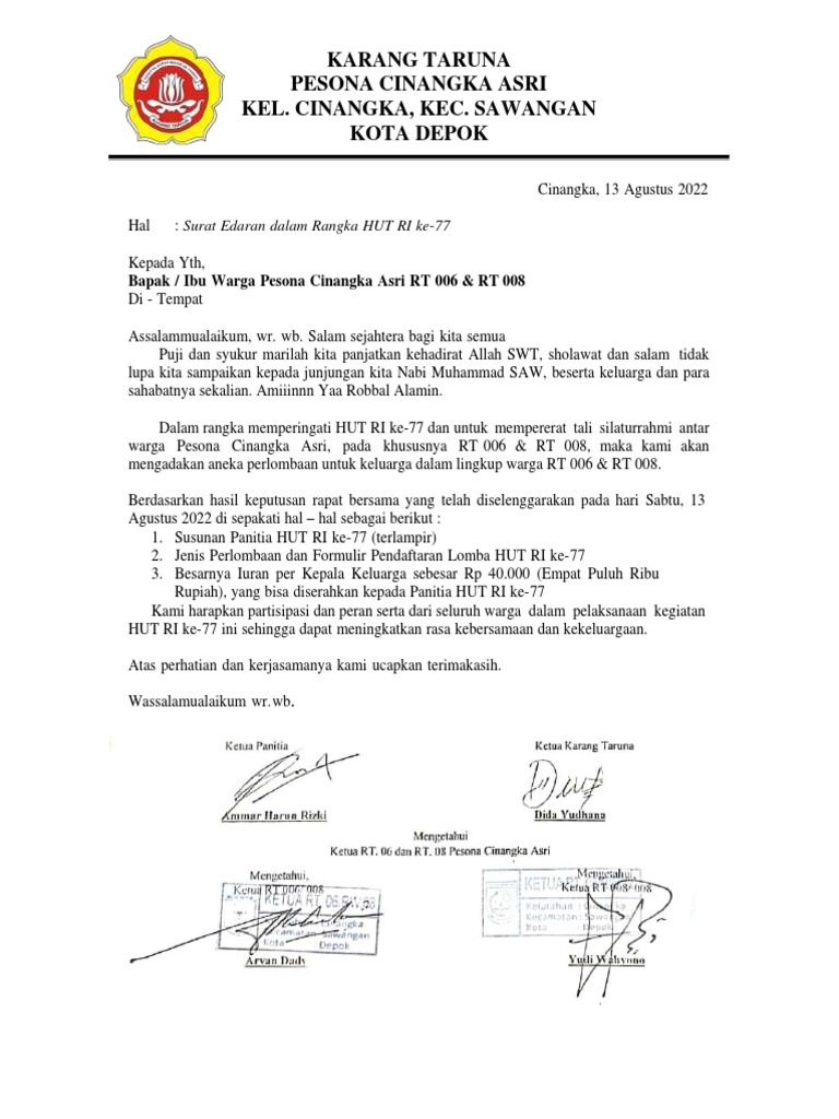 Surat Edaran Iuran Warga Kegiatan Hut Ri Ke-77 | PDF