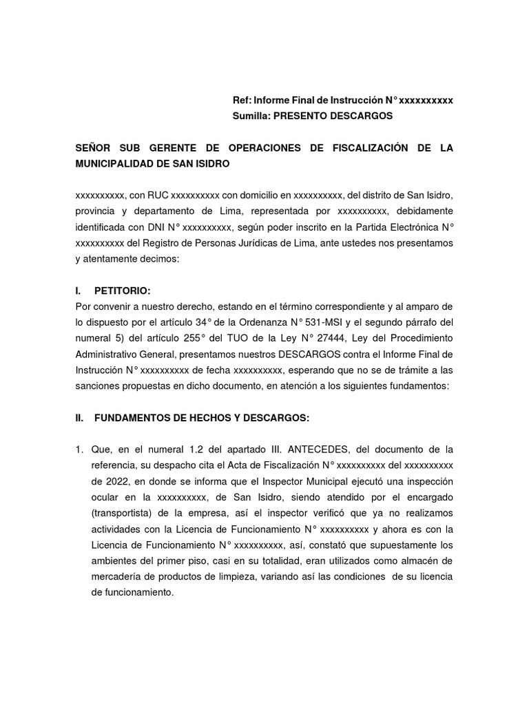 Modelo de Descargos Al Informe Final de Instrucción Municipal | PDF | Derecho