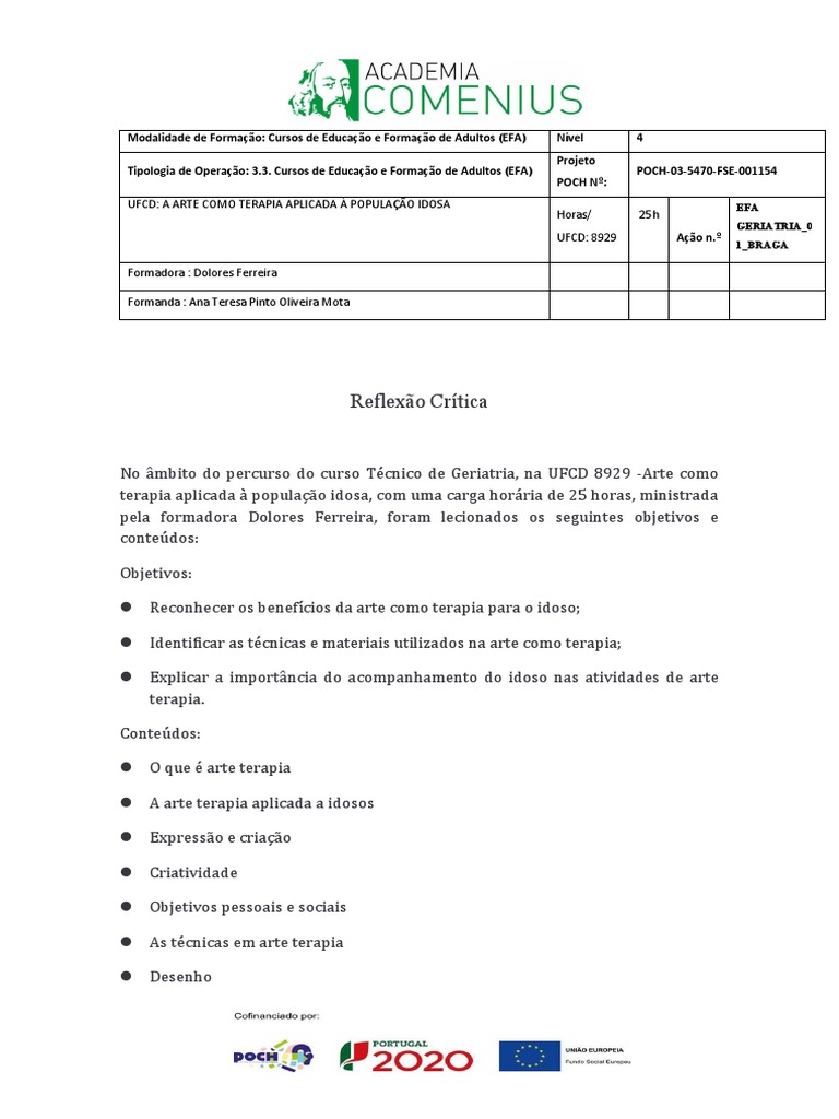 Reflexão UFCD 8929 | PDF | Arteterapia | Envelhecimento