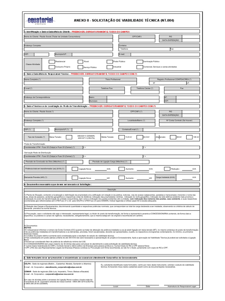 Formulário de Viabilidade Técnica Elétrica | PDF | Engenharia Elétrica ...