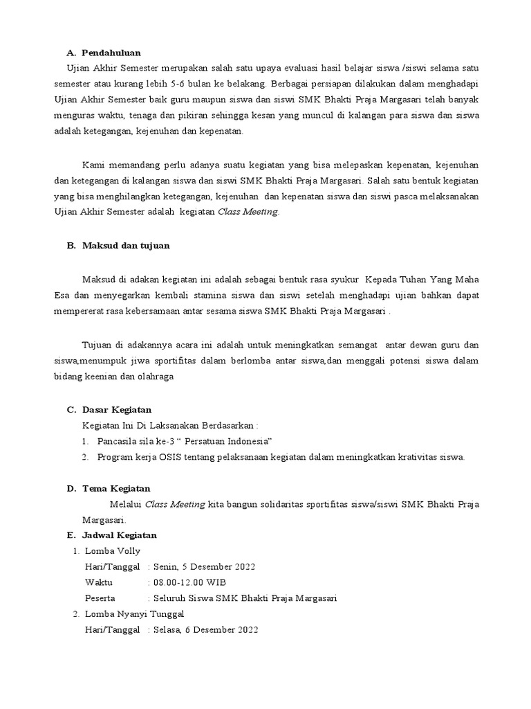 Proposal Kegiatan Class Meeting SMK | PDF
