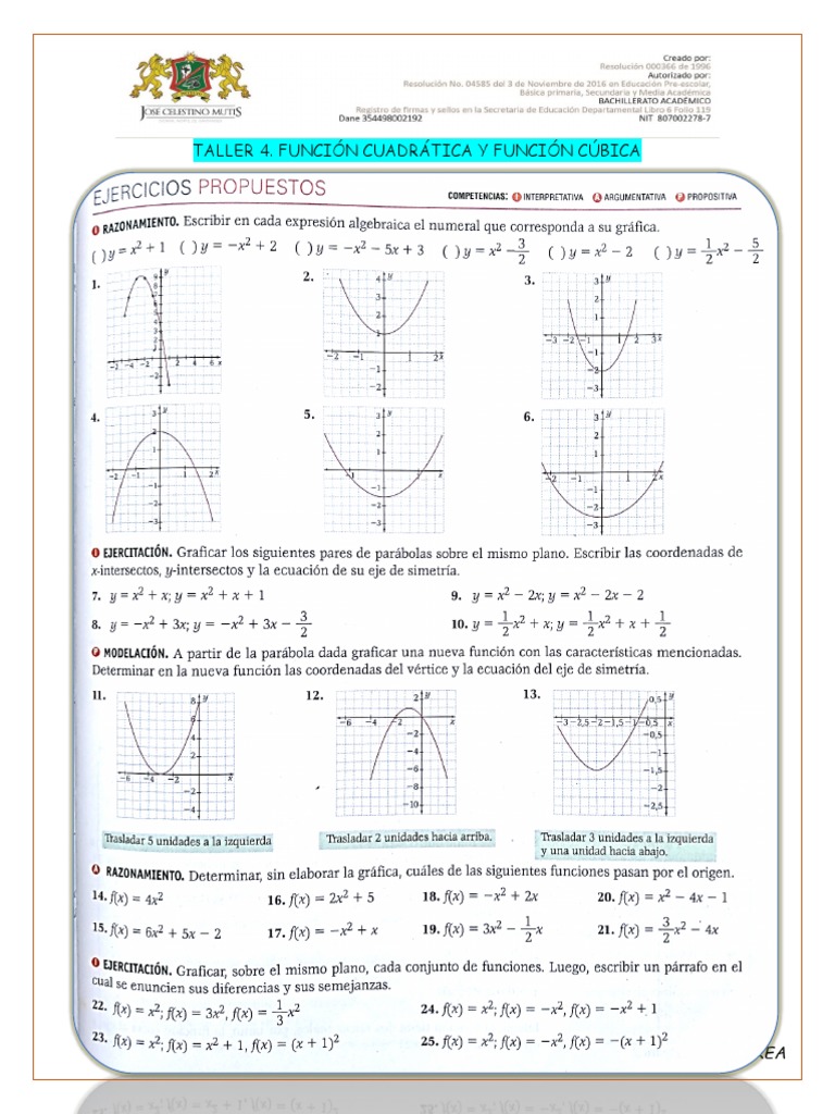 Taller 4. Función Cuadrática Y Función Cúbica: Prof. José Urrea | PDF