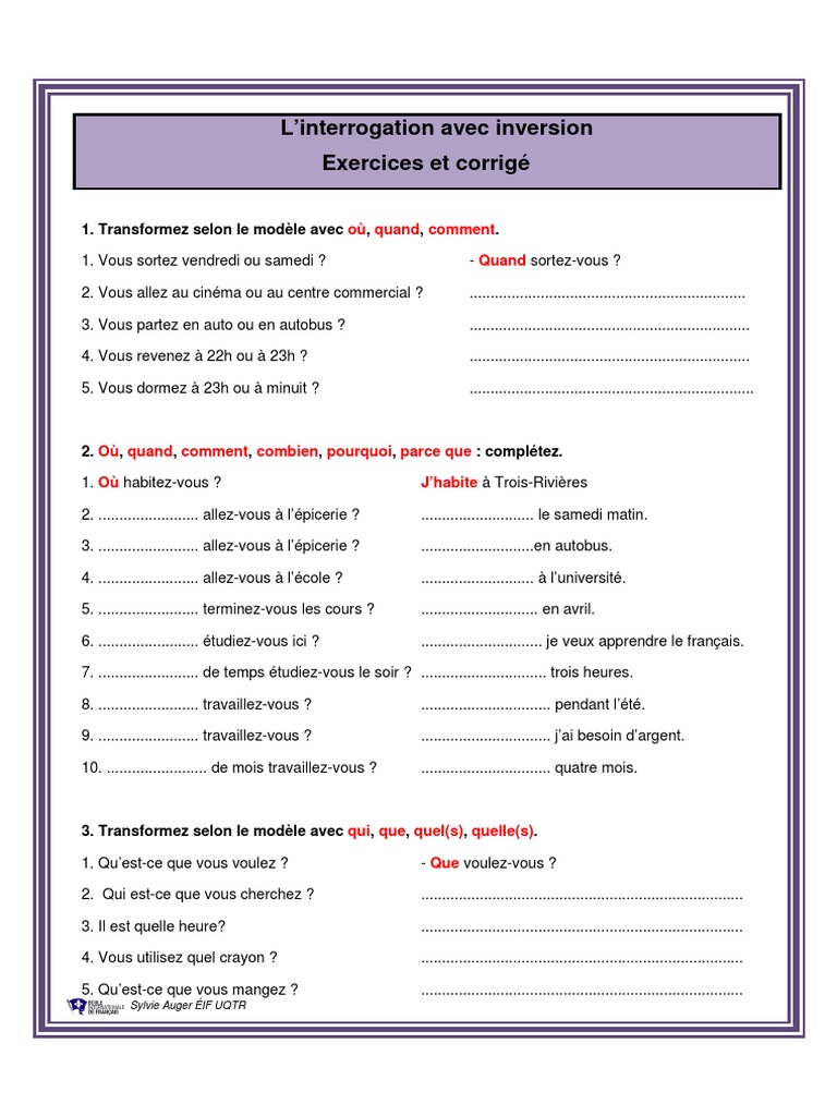Exercices sur l'interrogation avec inversion | PDF | Études des langues étrangères | Maison et ...