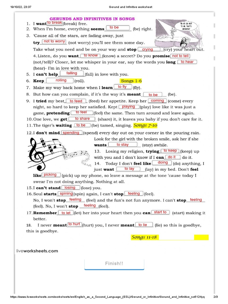 HW Sing Along With Gerunds and Infinitives | PDF