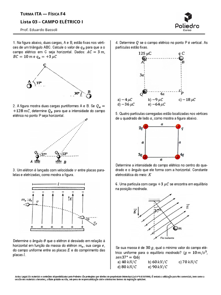 Lista de exercícios sobre campo elétrico | PDF | Campo elétrico | Carga ...