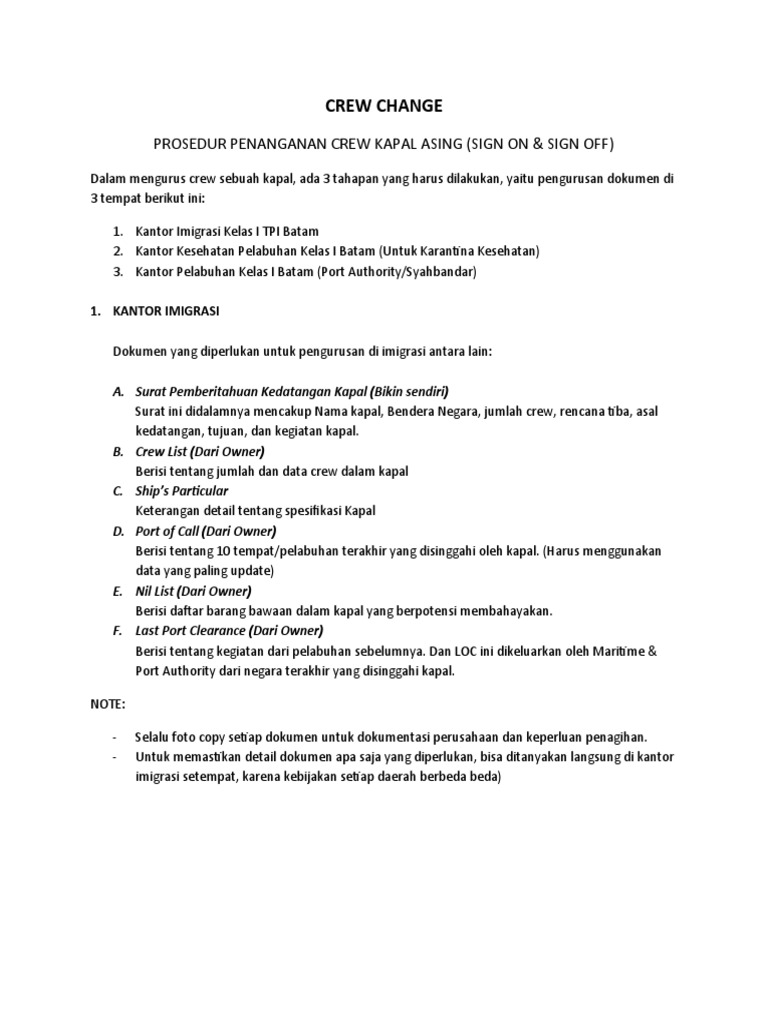 Prosedur Crew Change Kapal Asing | PDF
