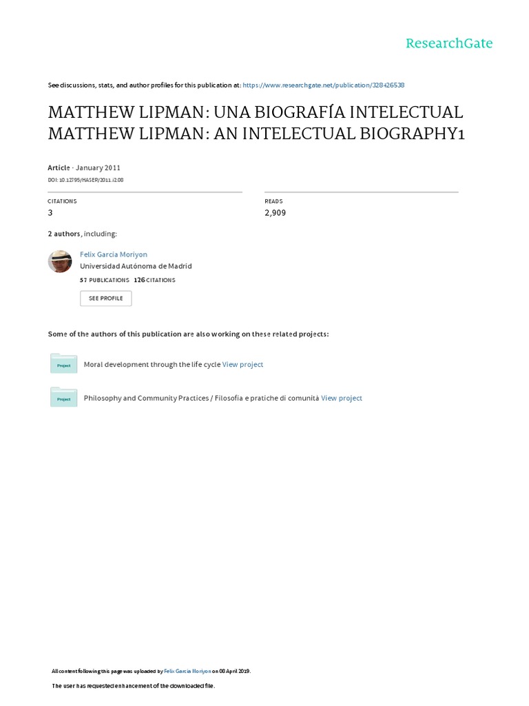 Matthew Lipman: Biografía Intelectual | PDF | John Dewey | Pensamiento