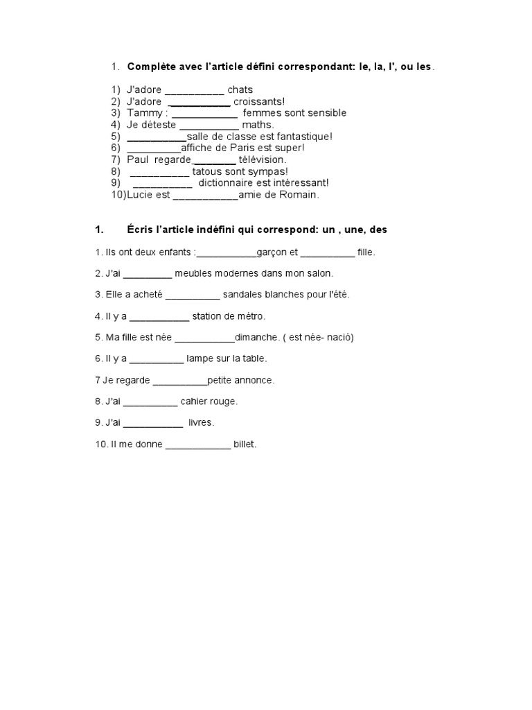 Exercices sur les articles définis et indéfinis | PDF | Arts du langage ...