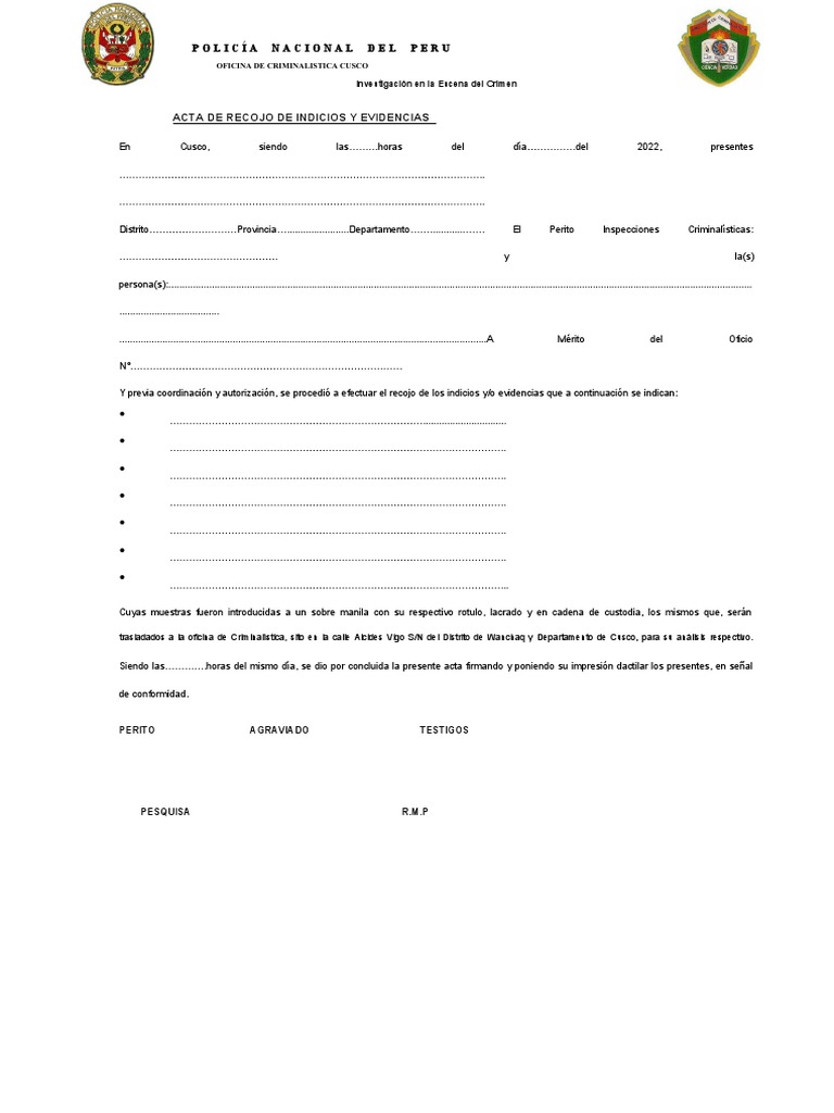 Acta de Recojo de Indicios (En General) | PDF