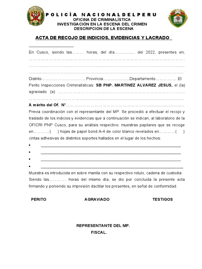 Acta de Recojo de Indicios y Evidencias Formato Nuevo. | PDF | Crímenes ...