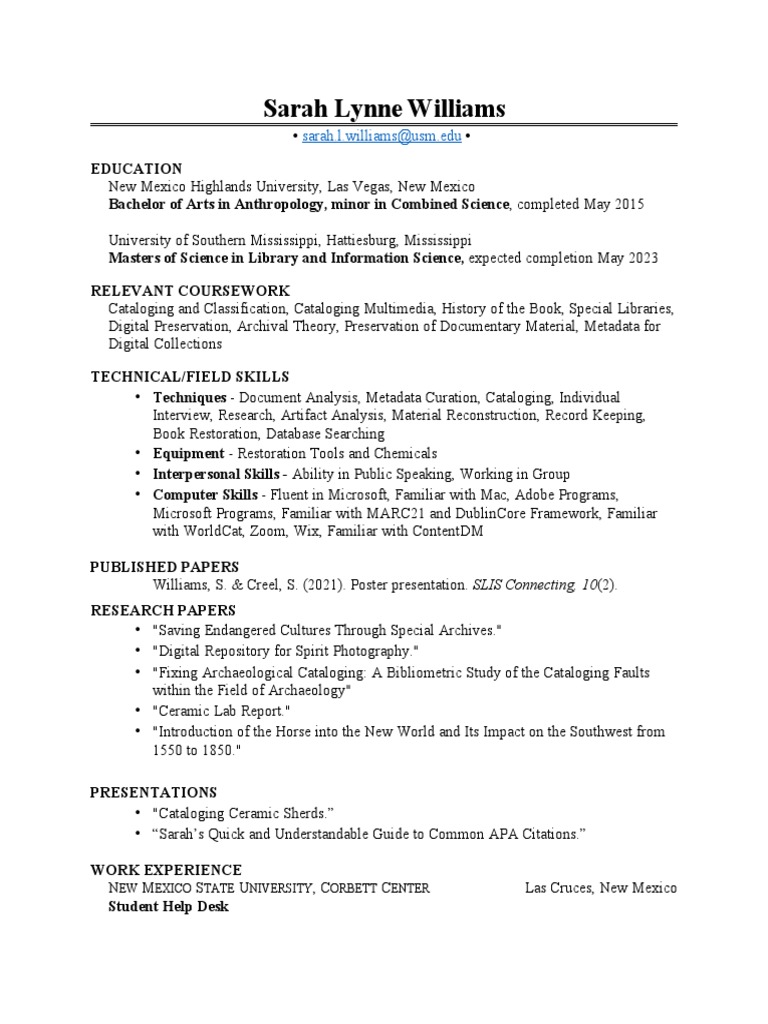 Sarah Williams: Library Science CV | PDF | Libraries | Metadata