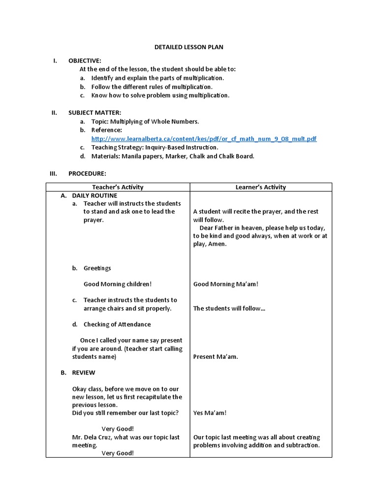 Marjorie Detailed Lesson Plan | PDF | Multiplication | Communication