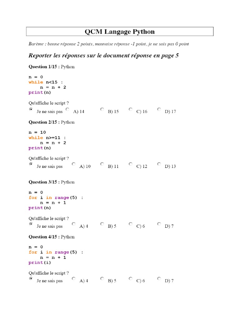 QCM Langage Python | PDF QCM Langage Python | PDF